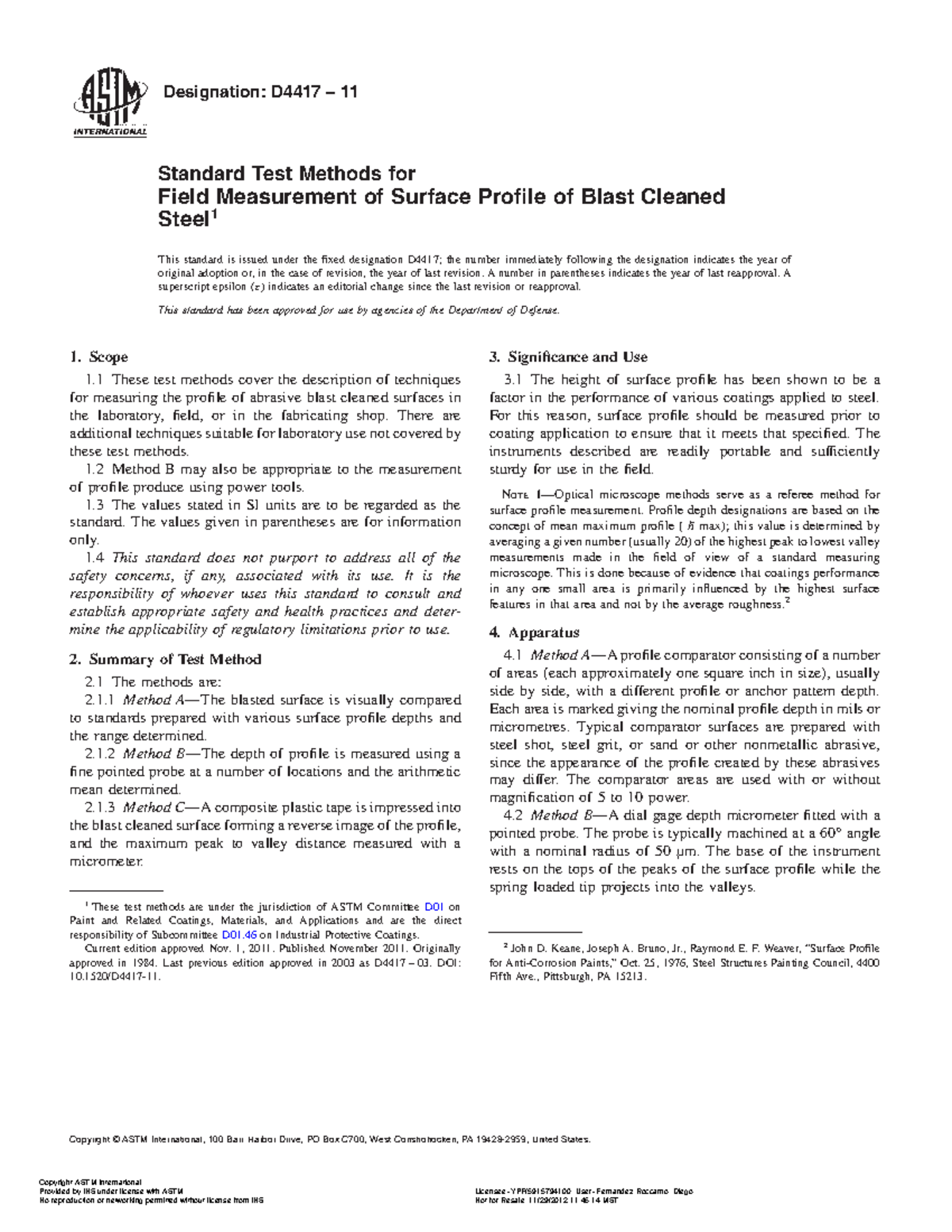 ASTM D4417-11: Métodos para Medir Perfil de Superficie de Acero - Studocu