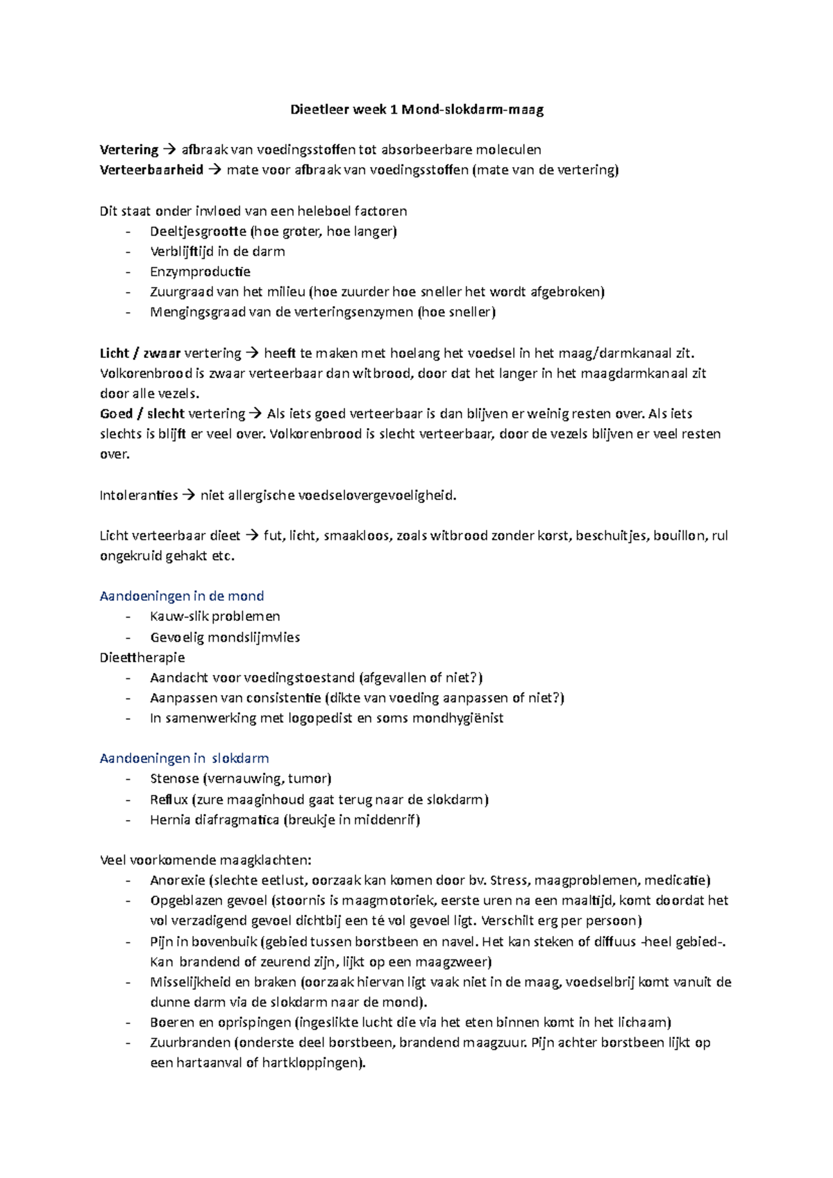 Dieetleer Week 1-4: Vertering, Aandoeningen, en Behandelingen - Studeersnel