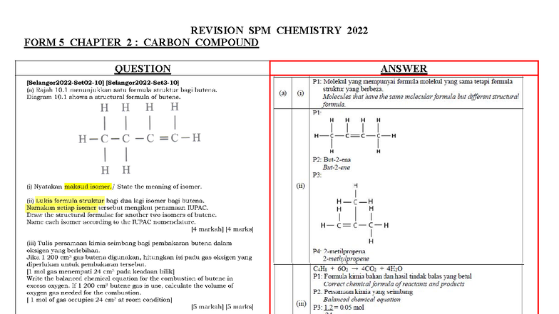 Revision SPM Chemistry Q 9, 10, 11 2022 carbon compound - High School ...