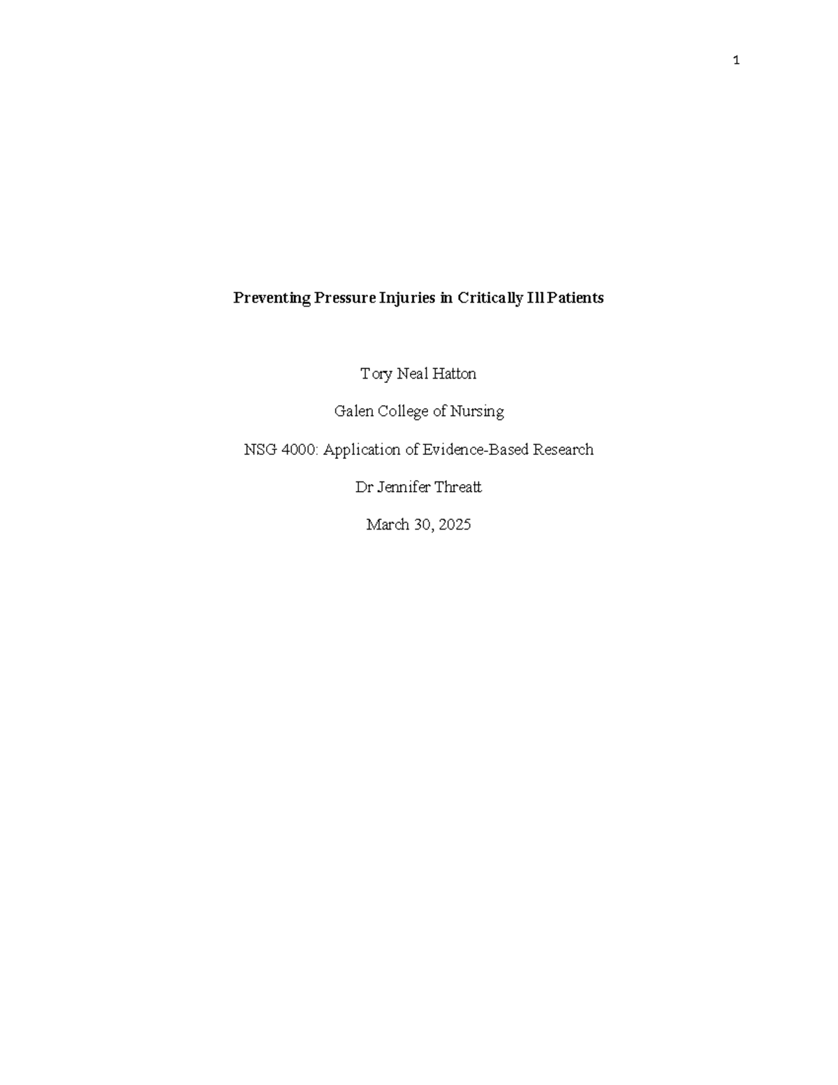 NSG 4000 - Evidence Paper on Preventing Pressure Injuries in ICU ...