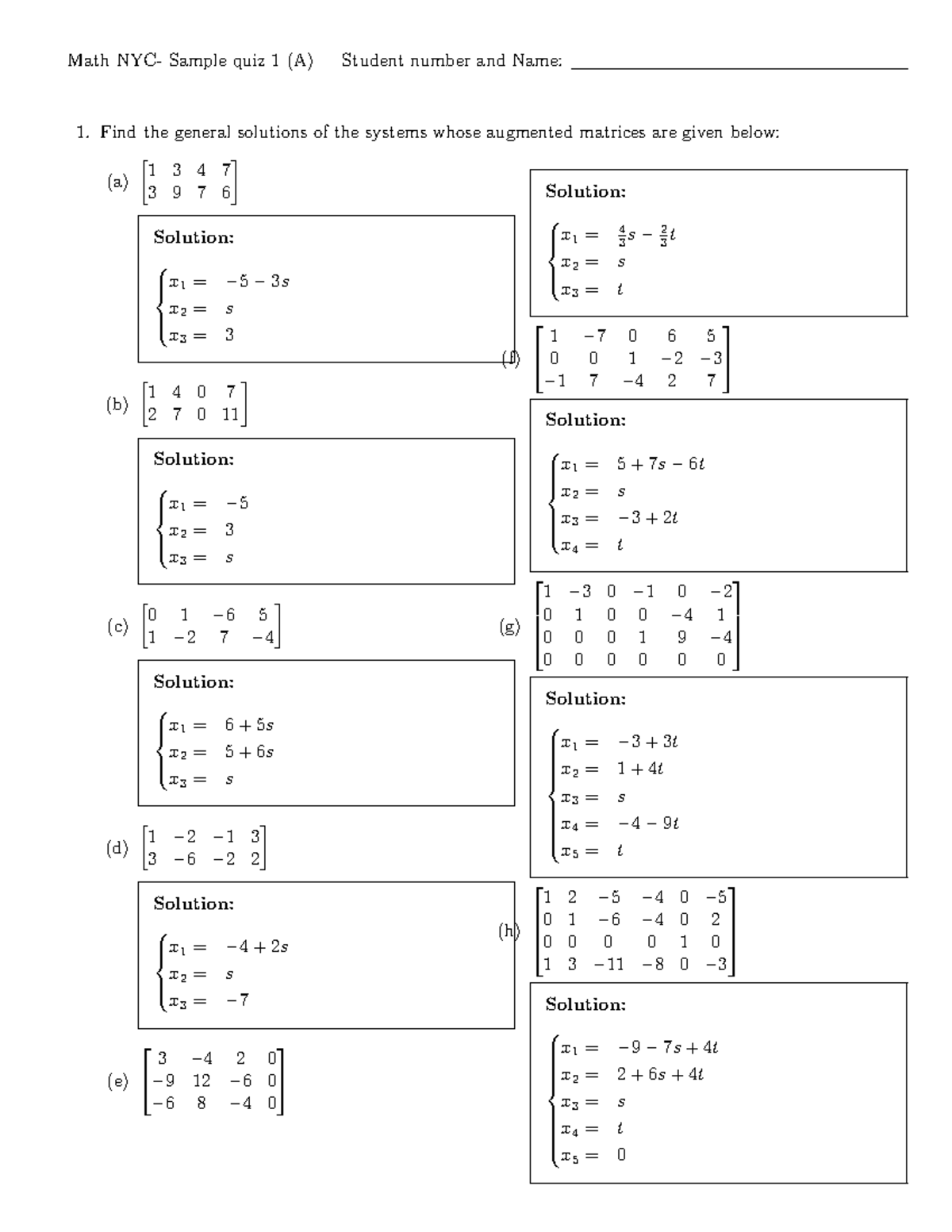 Sample Quiz 1 - Answers and Solutions for Linear Systems - Studocu