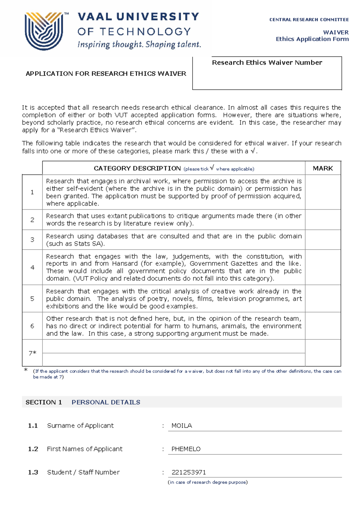 VUT Research Ethics Waiver Application Form: Guidelines & Categories ...