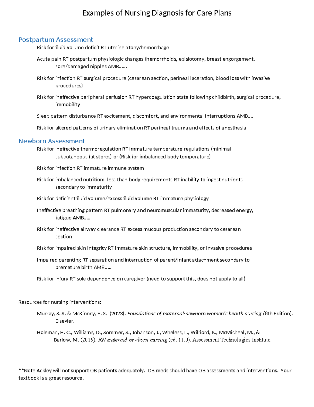 Nursing Diagnosis Examples for Care Plans: Postpartum & Newborn Care ...