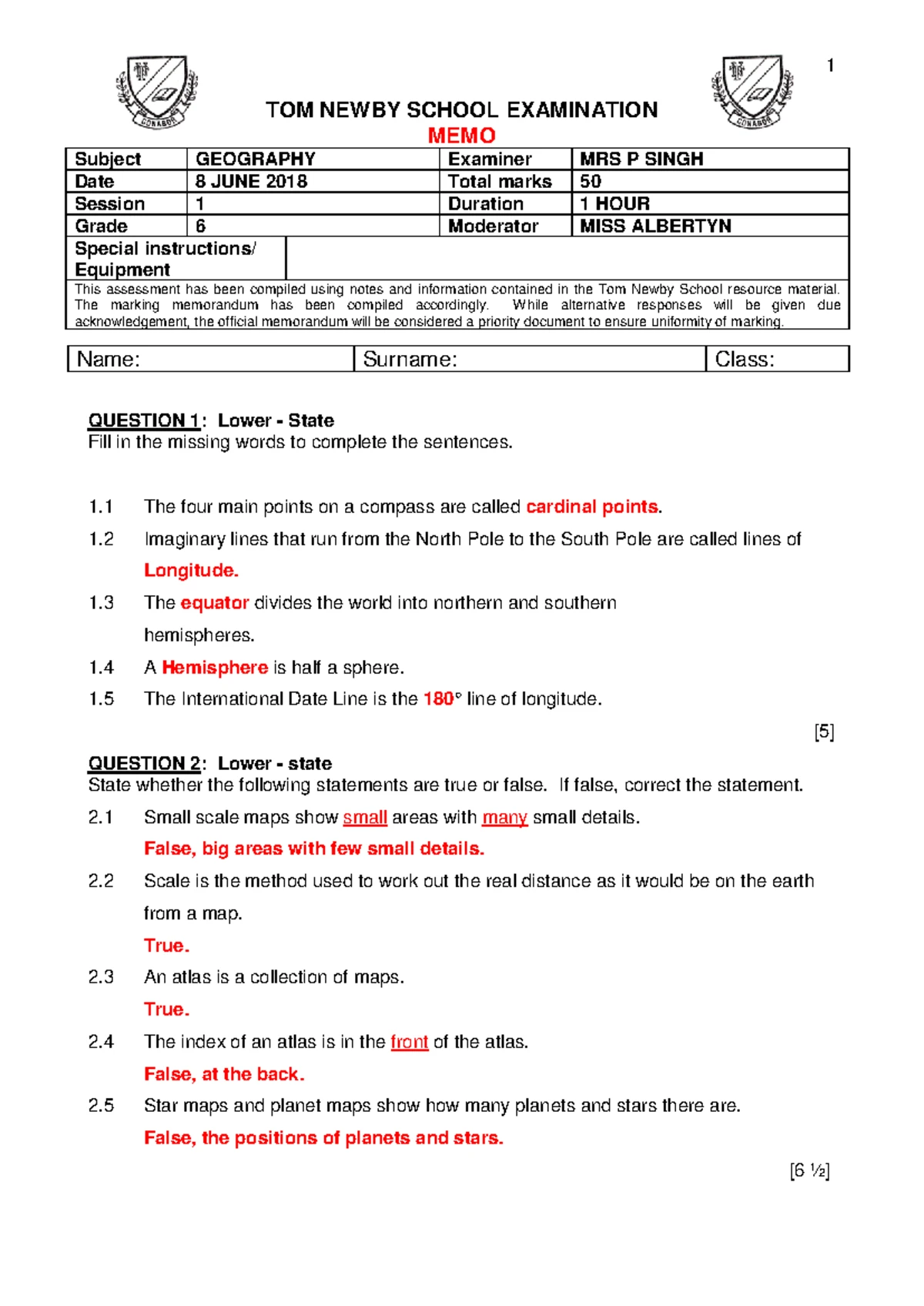 Grade 7 Mathematics Exam Memo - June 2018 (L Klemp) - Studocu