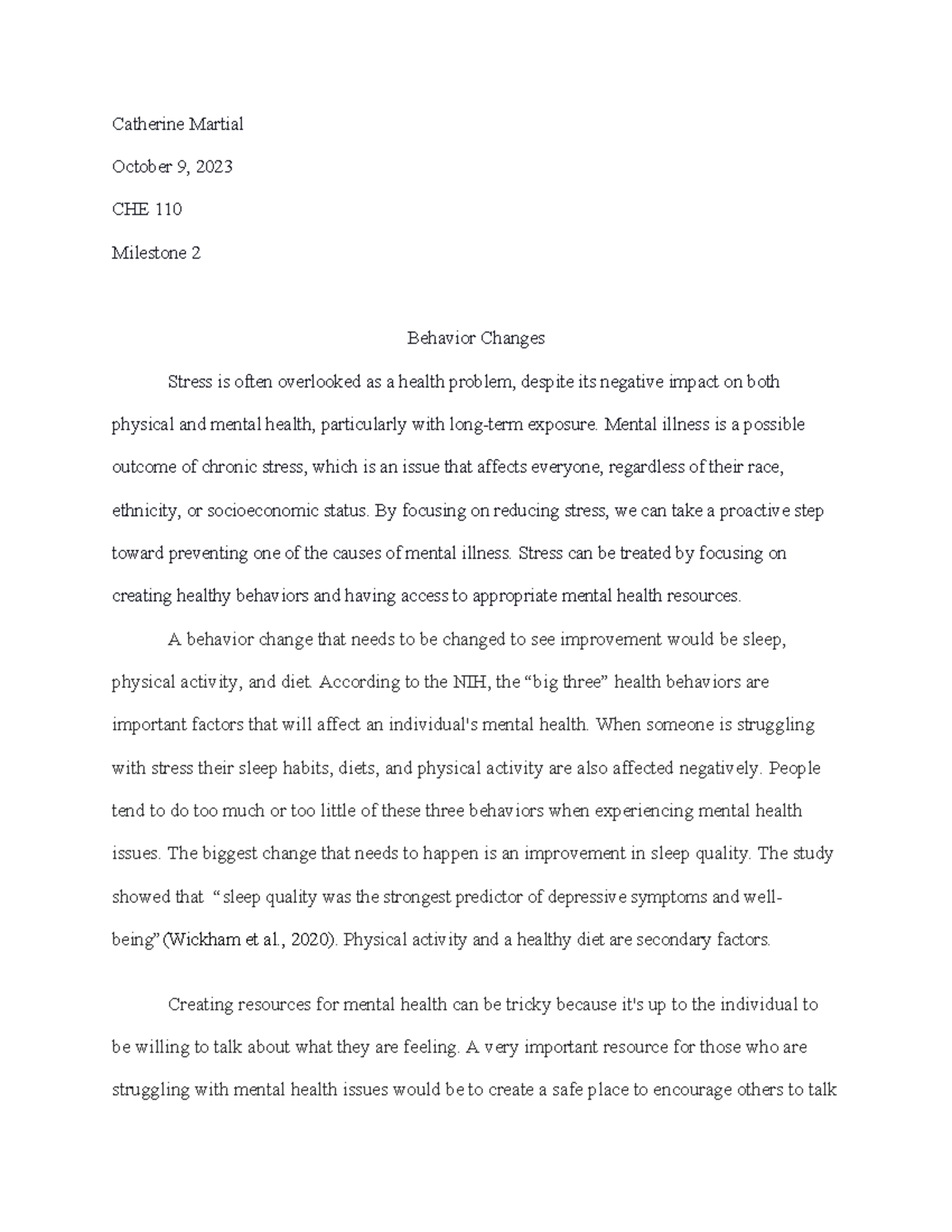 CHE 110 Milestone 2: Addressing Stress and Behavior Changes - Studocu