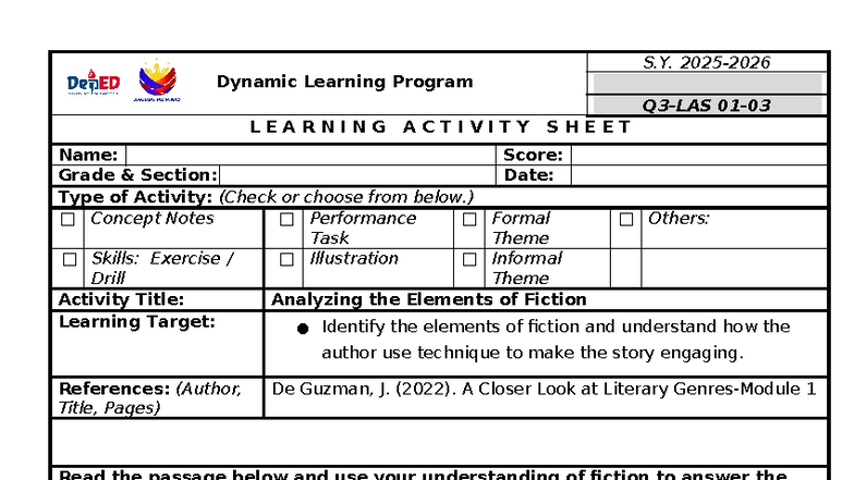 LAS-NOV: Analyzing Elements of Fiction in Literature - Studocu