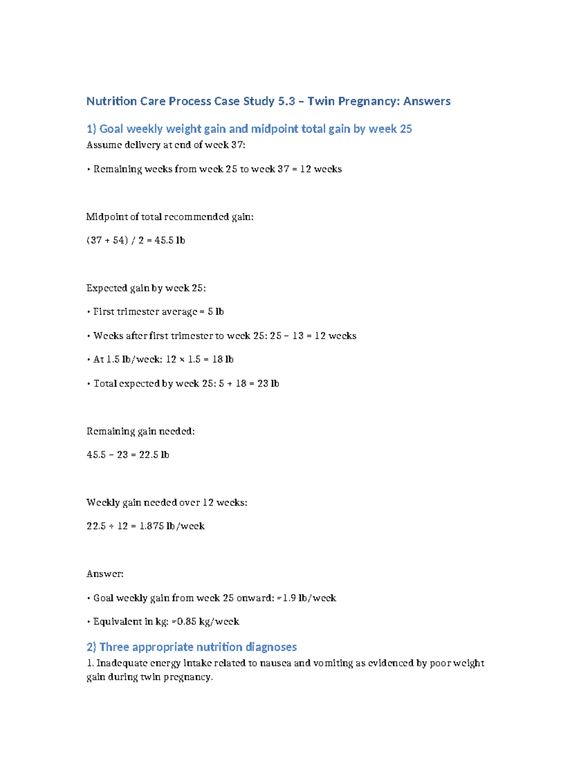 Nutrition Care Process Case Study 5.3: Twin Pregnancy Insights - Studocu