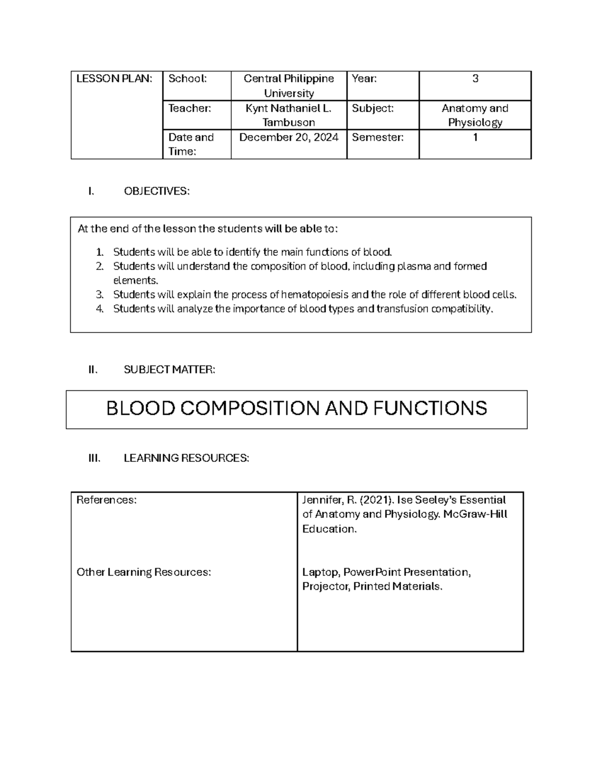 Detailed Lesson Plan for Anatomy and Physiology ( Semester 1 ) - Studocu