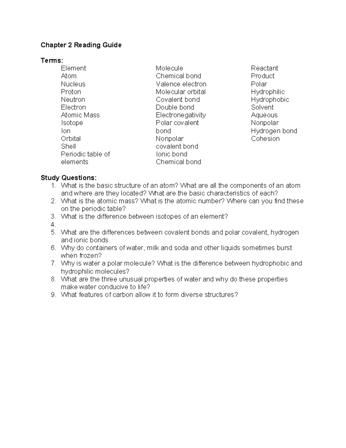 Chapter 2 Reading Guide: Key Terms & Study Questions on Atoms & Bonds ...
