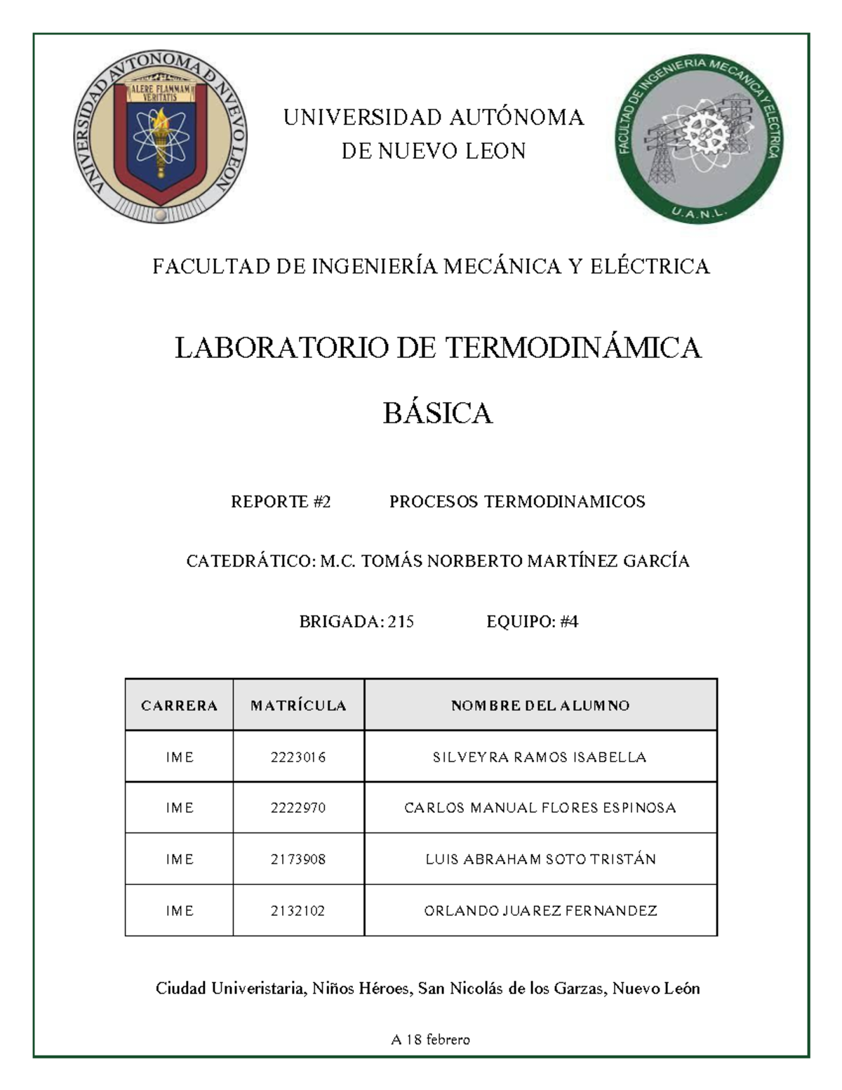 Reporte lab 2 termodinamica basica - CV CARRERA MATRÍCULA NOMBRE DEL ...