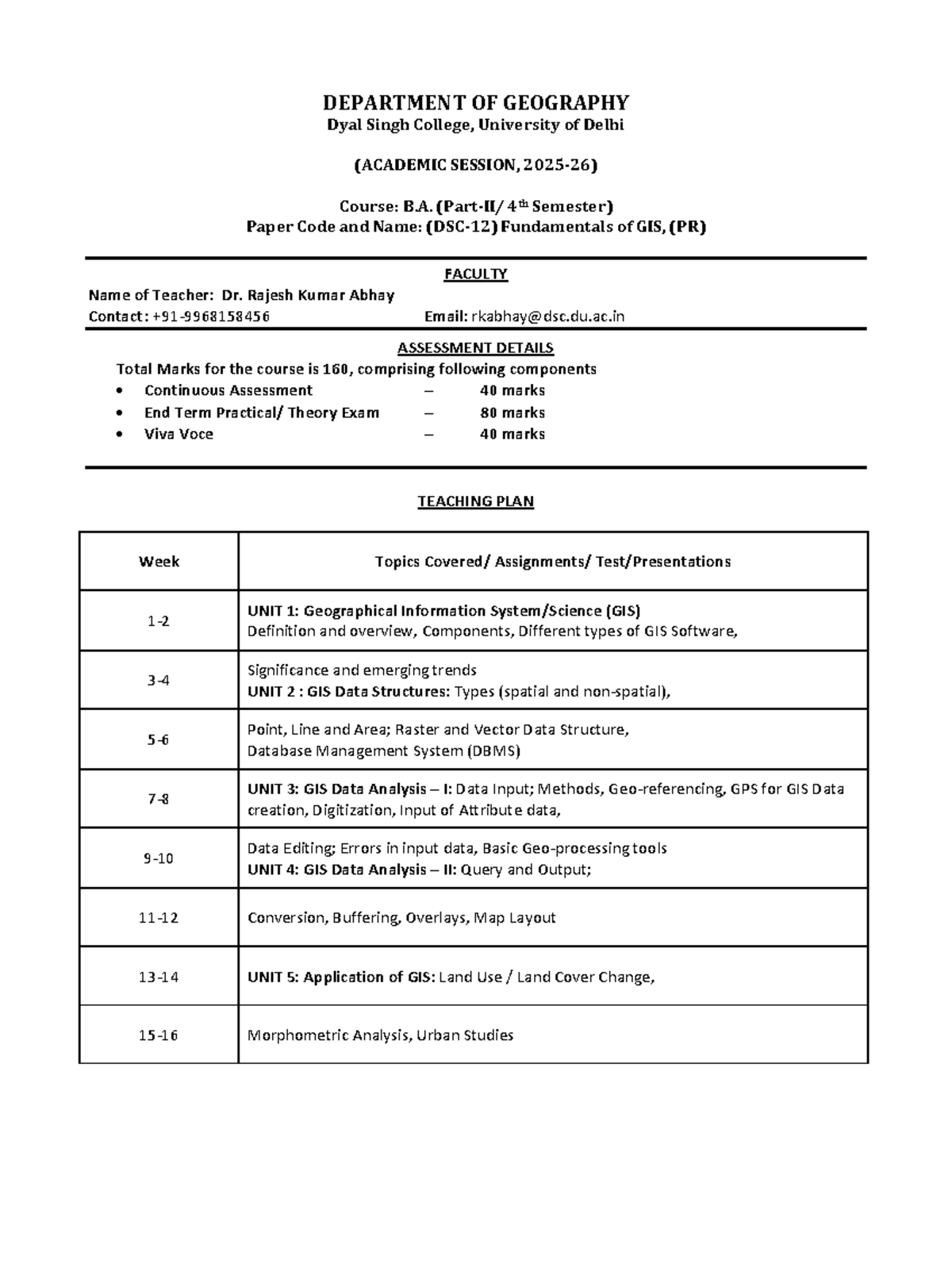 Teaching Plan for Fundamentals of GIS (B.A. 4th Sem) - Studocu