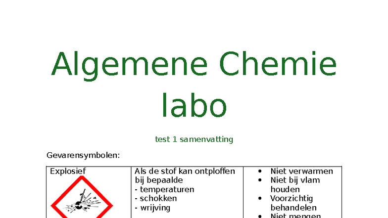 Algemene Chemie Labo Test 1: Samenvatting Gevarensymbolen en Reacties ...