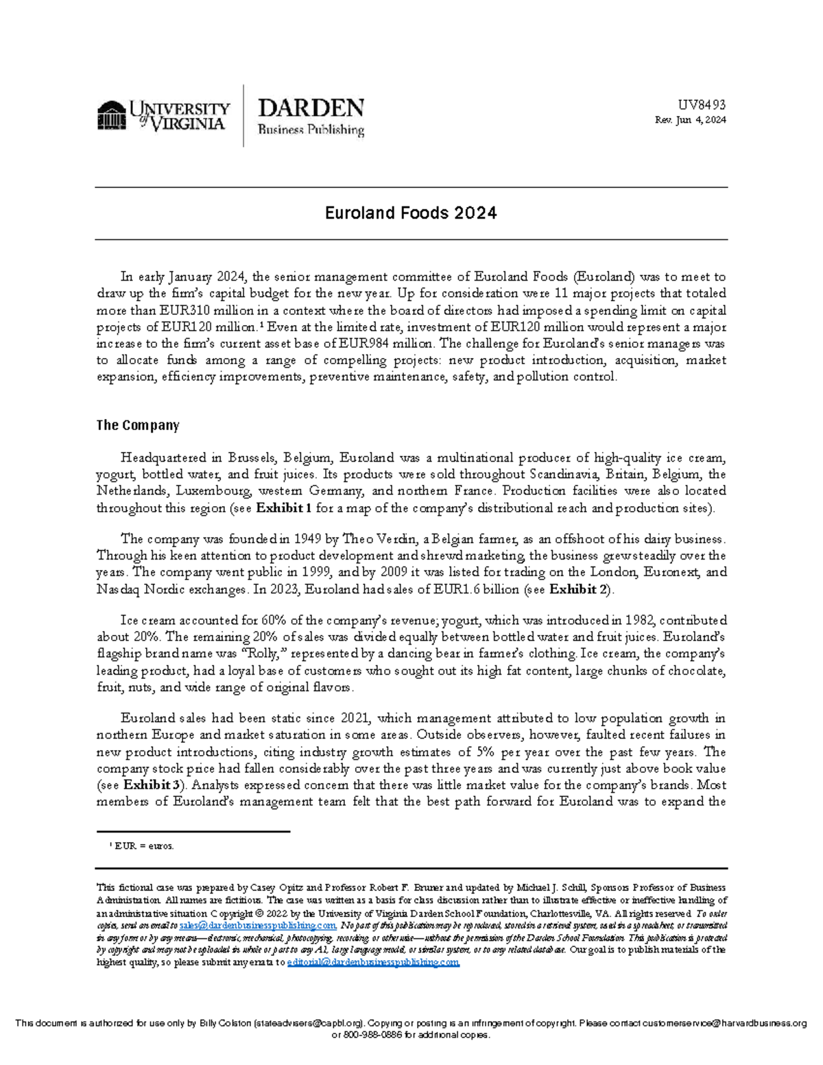 UV8493 Case Study: Capital Budgeting Decisions at Euroland Foods 2024 ...