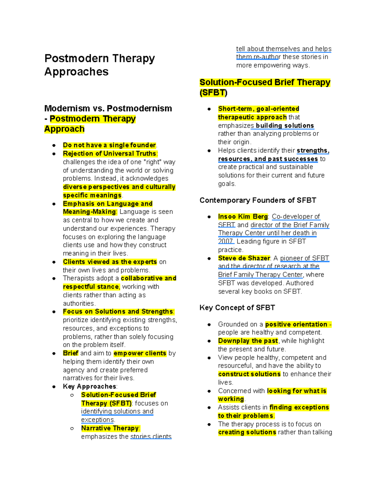 Postmodern Therapy Approaches: SFBT & Narrative Therapy Insights - Studocu