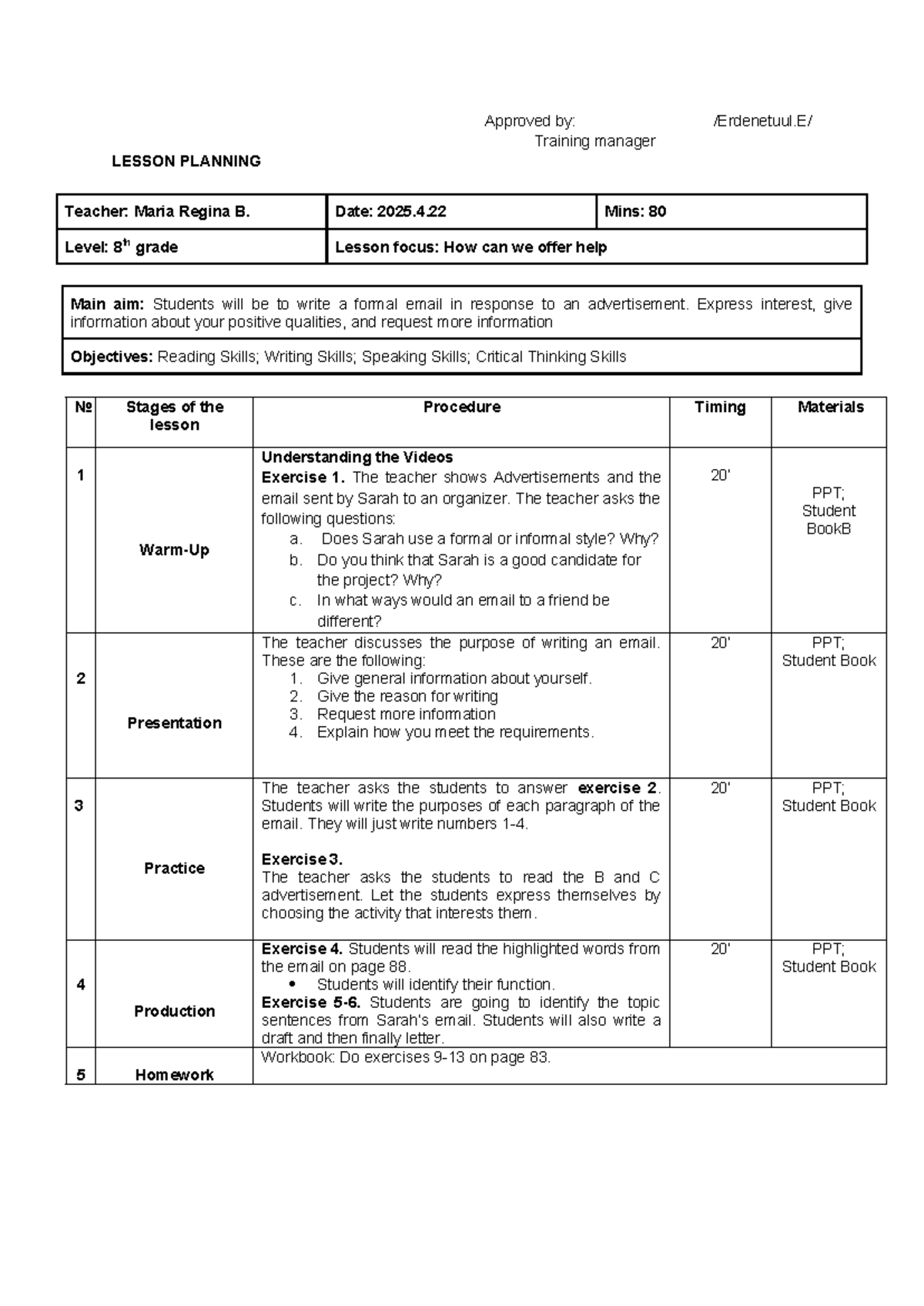 Approved: 8th Grade Lesson Plan on Formal Email Writing - Studocu