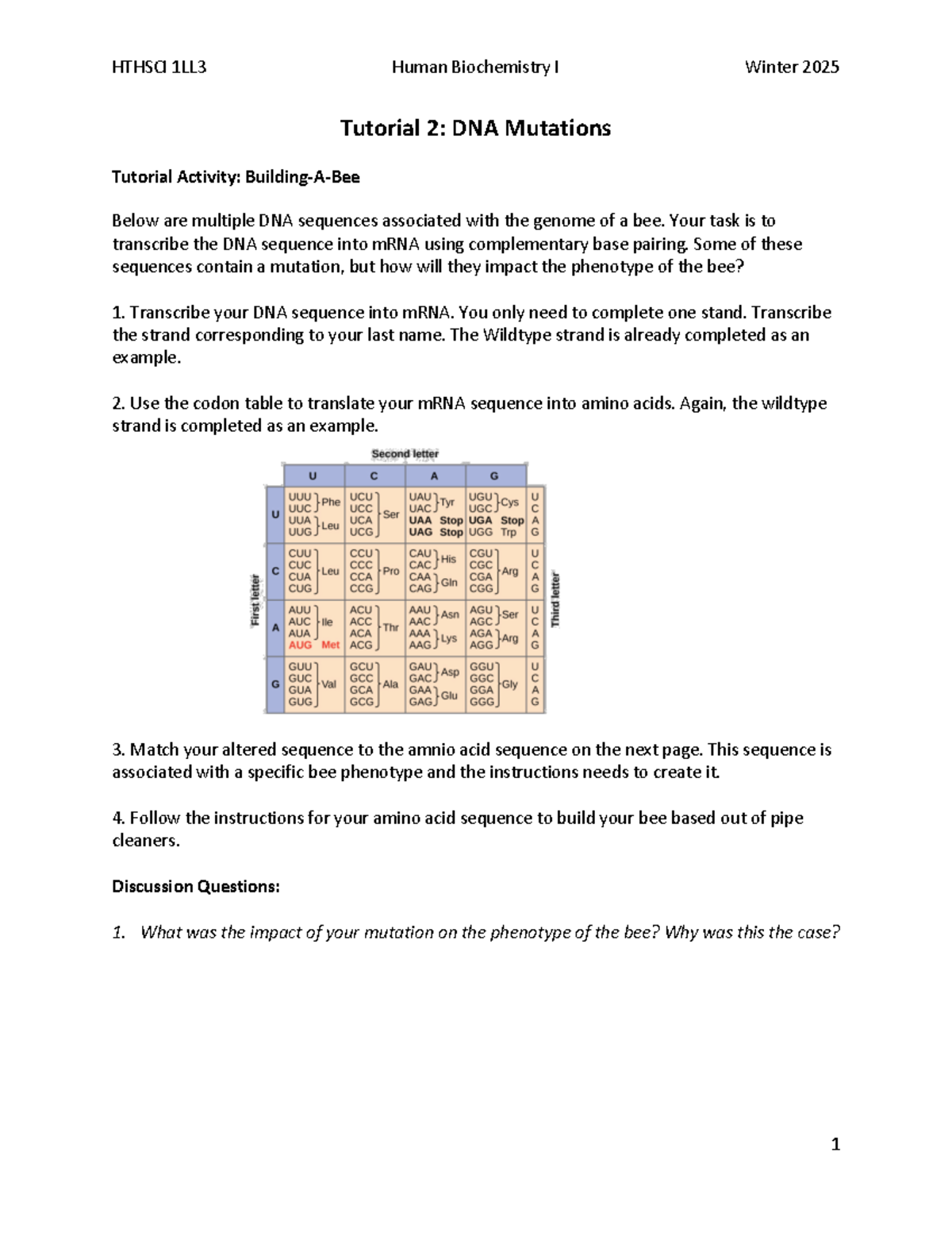 HTHSCI 1LL3 Human Biochemistry I Winter 2025 Tutorial 2: DNA Mutations Analysis - Studocu