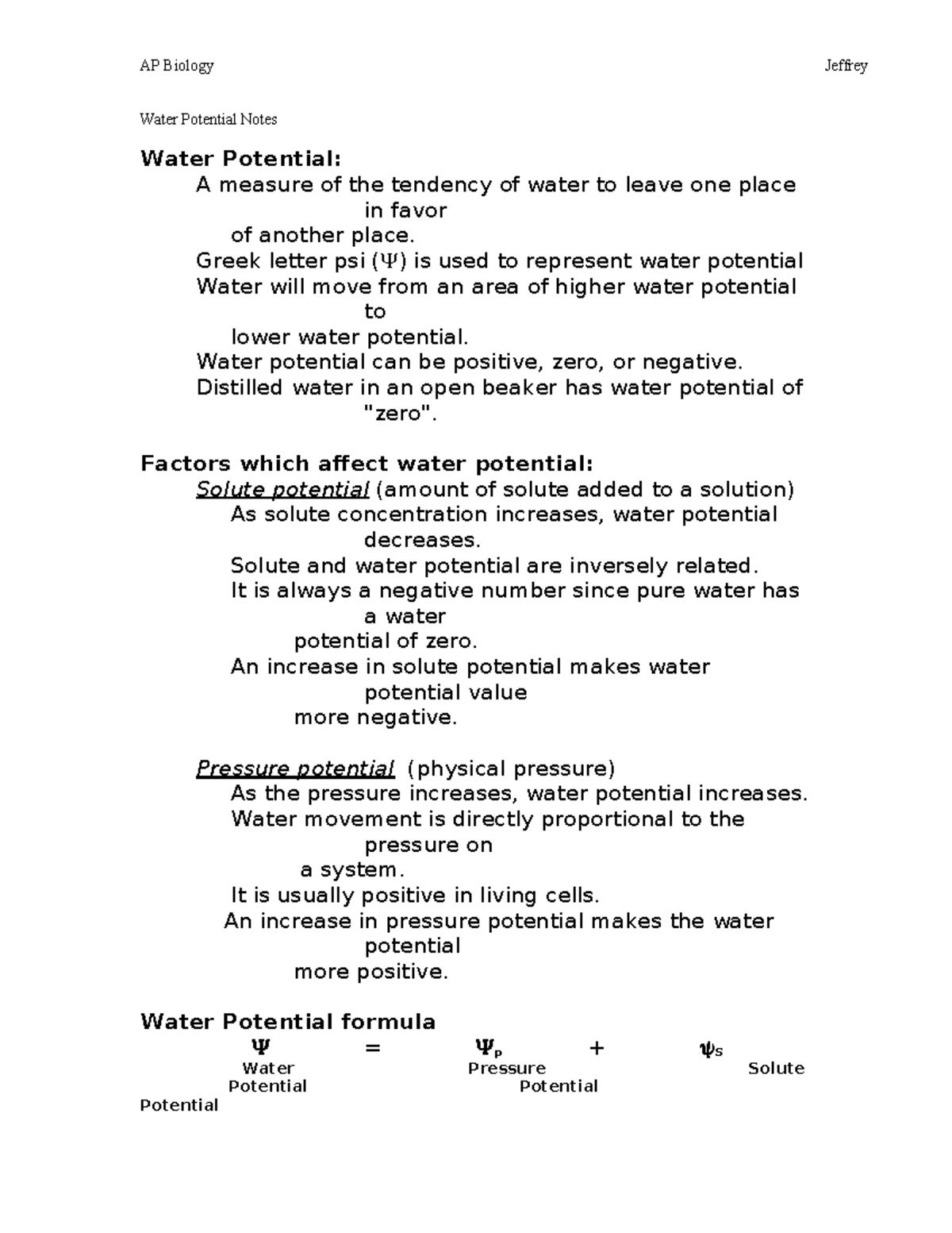 AP Biology Outline Notes: Water Potential Concepts - Studocu