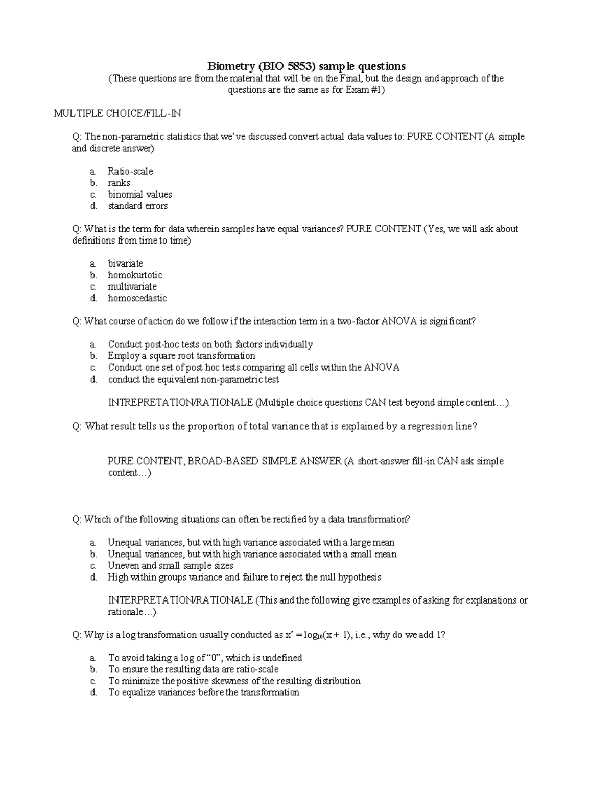 BIO 5853 Final Exam Biometry Sample Questions and Answers 2024 - Studocu