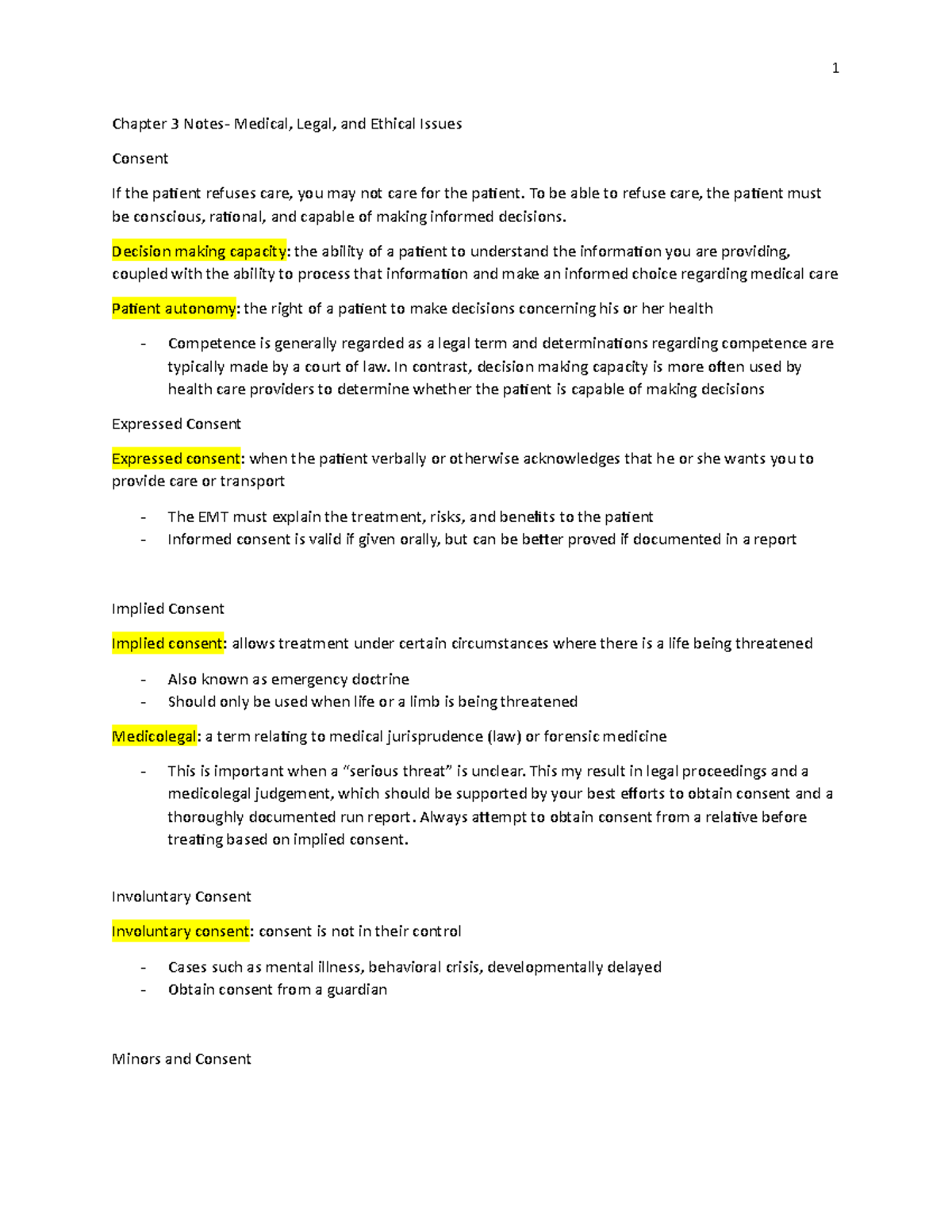 CH3: Medical, Legal, and Ethical Issues - Key Concepts and Notes - Studocu