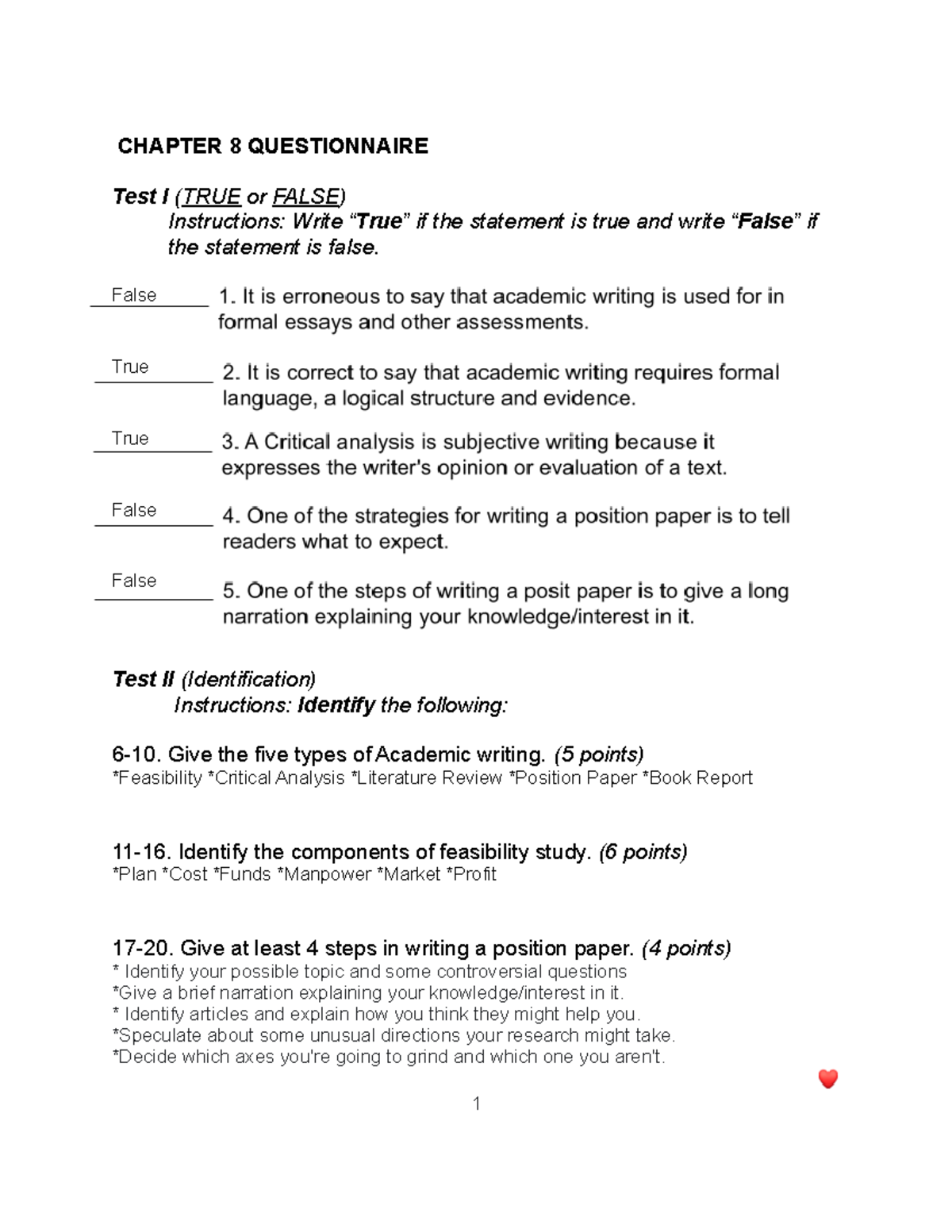 Academic writing - CHAPTER 8 QUESTIONNAIRE Test I (TRUE or FALSE ...
