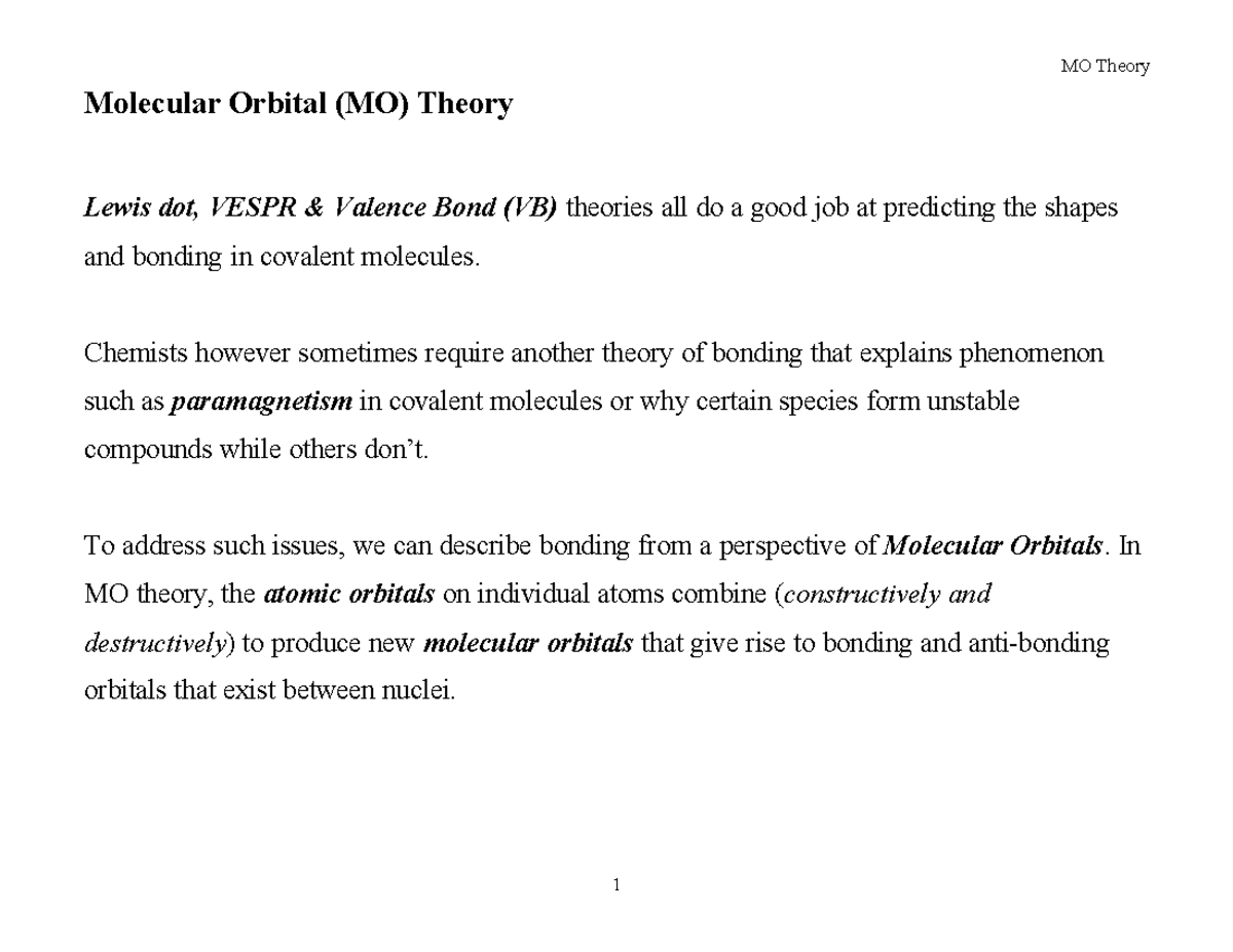 Molecular Orbital theory notes easy - Molecular Orbital (MO) Theory ...