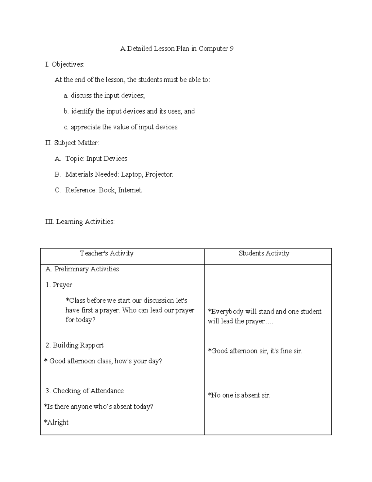 A Comprehensive Lesson Plan on Input Devices for Computer 9 - Studocu