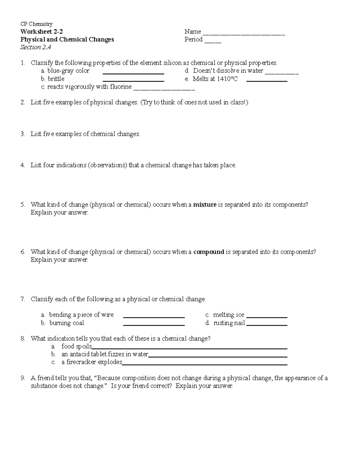 CP Chemistry Worksheet 2-2: Analyzing Physical & Chemical Changes - Studocu
