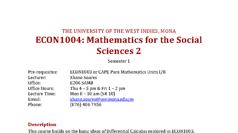 ECON1004: Mathematics for Social Sciences II Course Outline (SEM 1 2025-26) - Studocu
