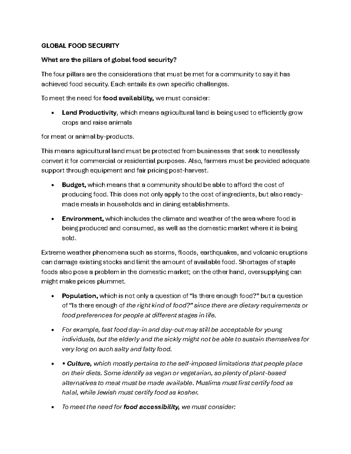 GLOBAL FOOD SECURITY: Understanding Its Four Pillars - Studocu
