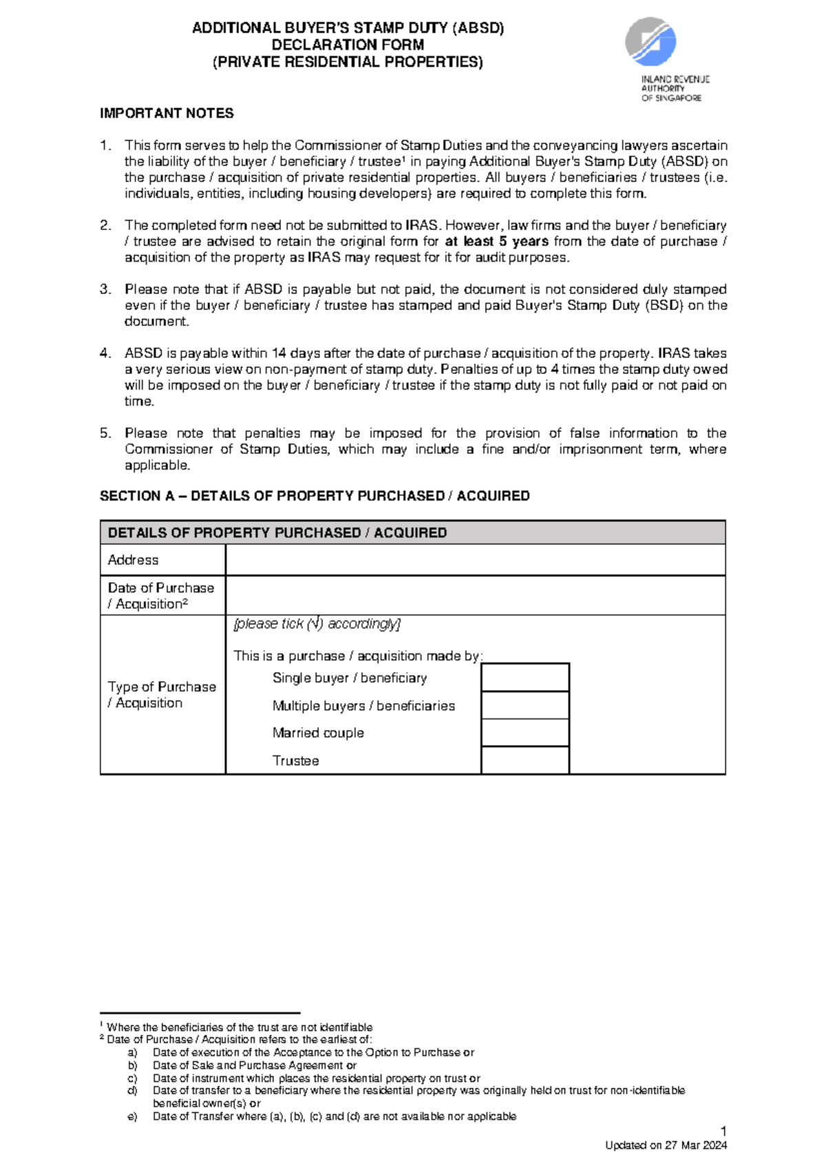 IRAS ABSD for Residential Properties - Declaration Form Guide (Mar 2024 ...