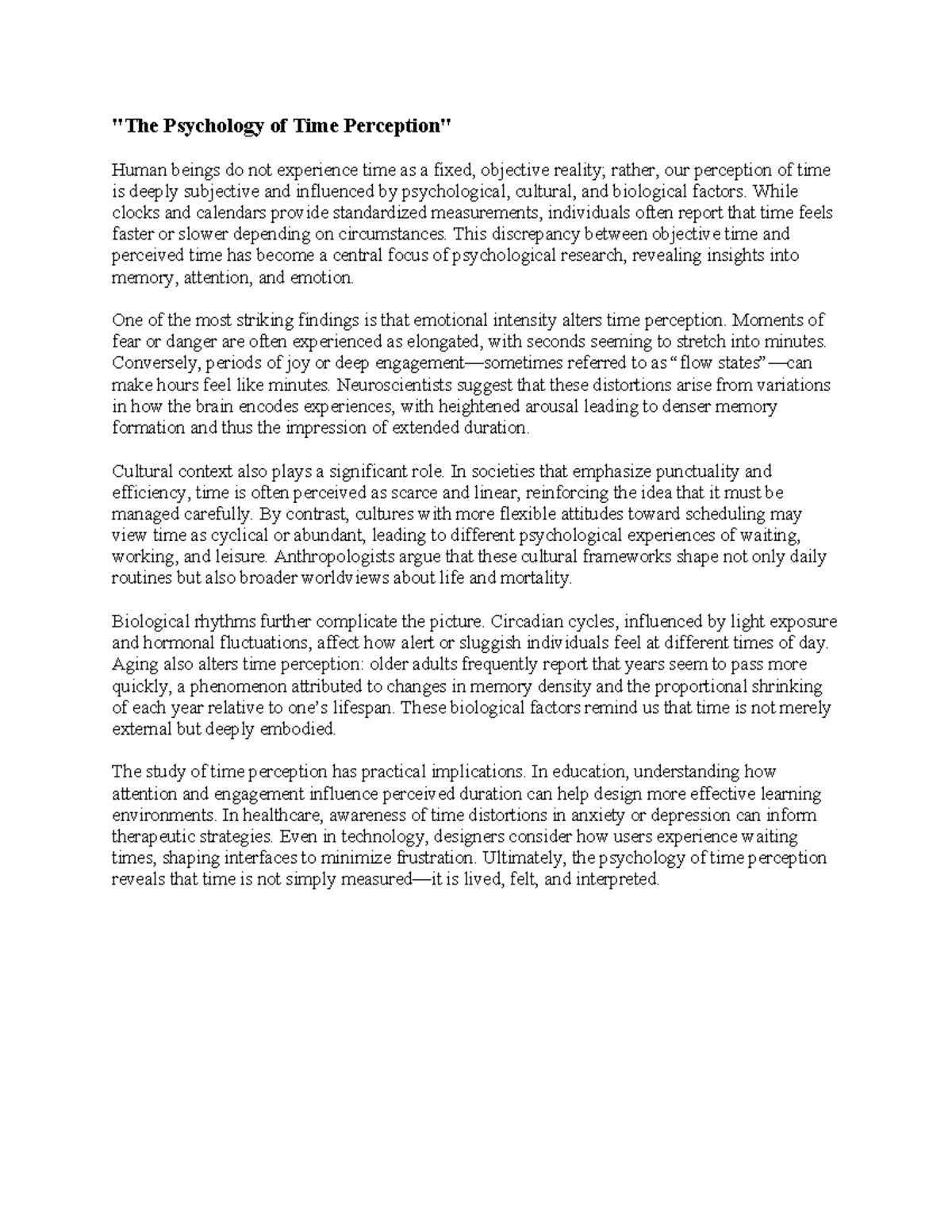 PSY 101: The Psychology of Time Perception and Its Influences - Studocu