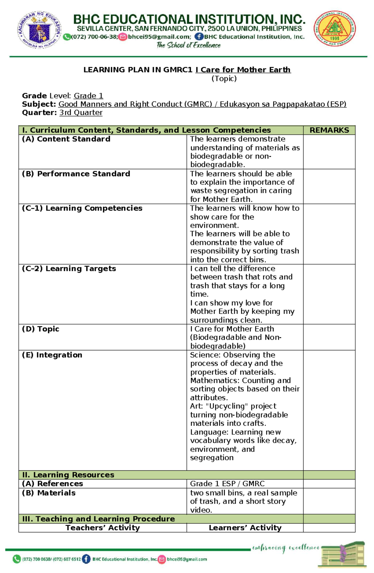 GMRC1 Lesson Plan: Caring for Mother Earth in Grade 1 - Studocu