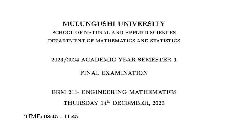 EGM 211 - Final Exam 2023-2024: Engineering Mathematics - Studocu