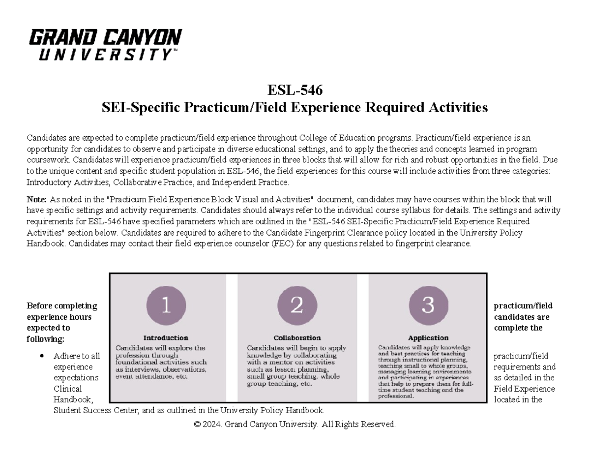 ESL-546 SEI Practicum Field Experience Activity Guidelines and Requirements - Studocu