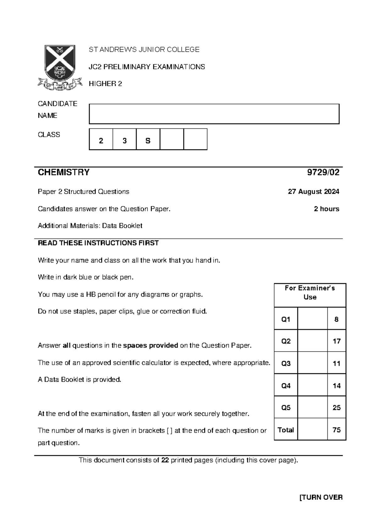 2024 JC2 Prelim Exam H2 Chemistry Paper 2 Structured Questions - Studocu
