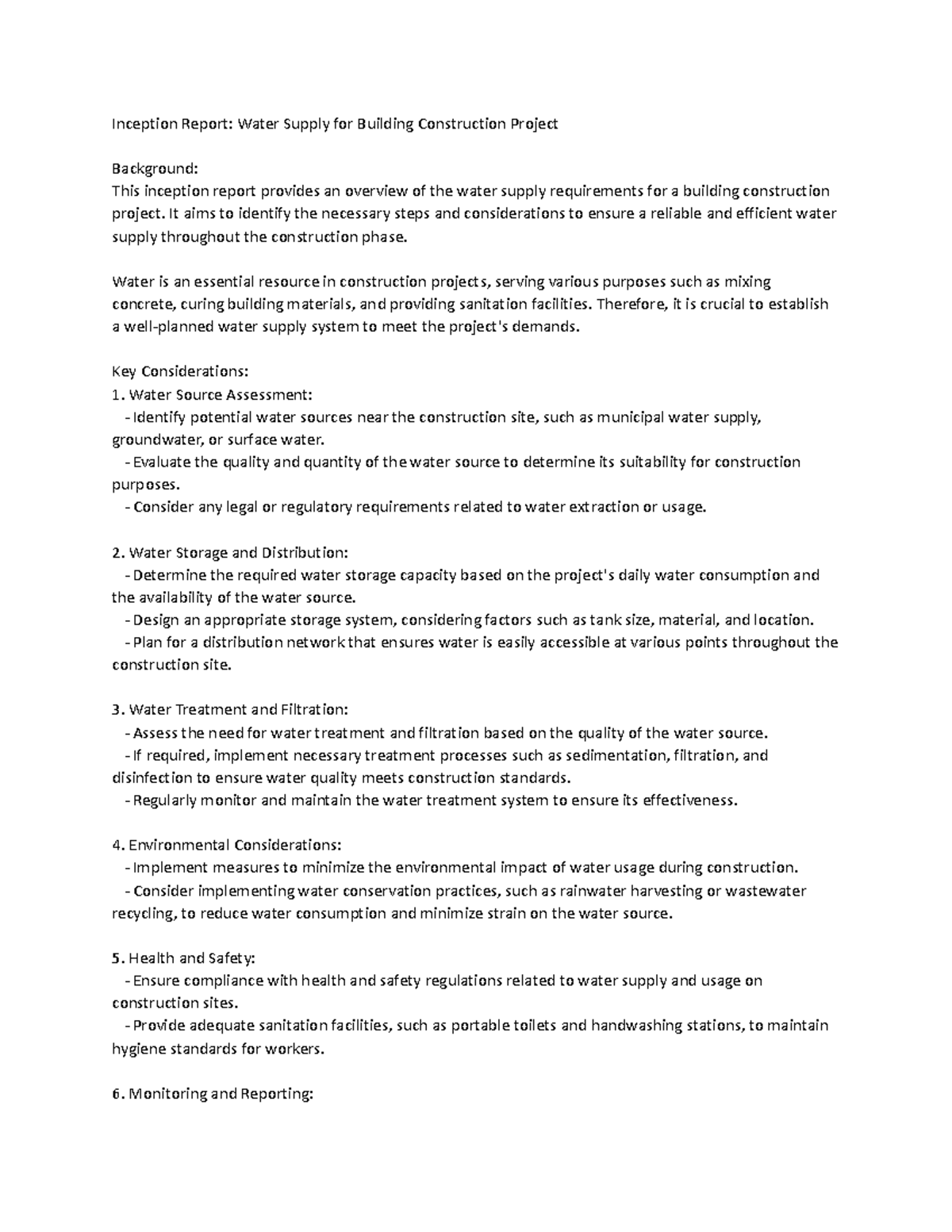 Inception Report: Water Supply Requirements for Building Project - Studocu