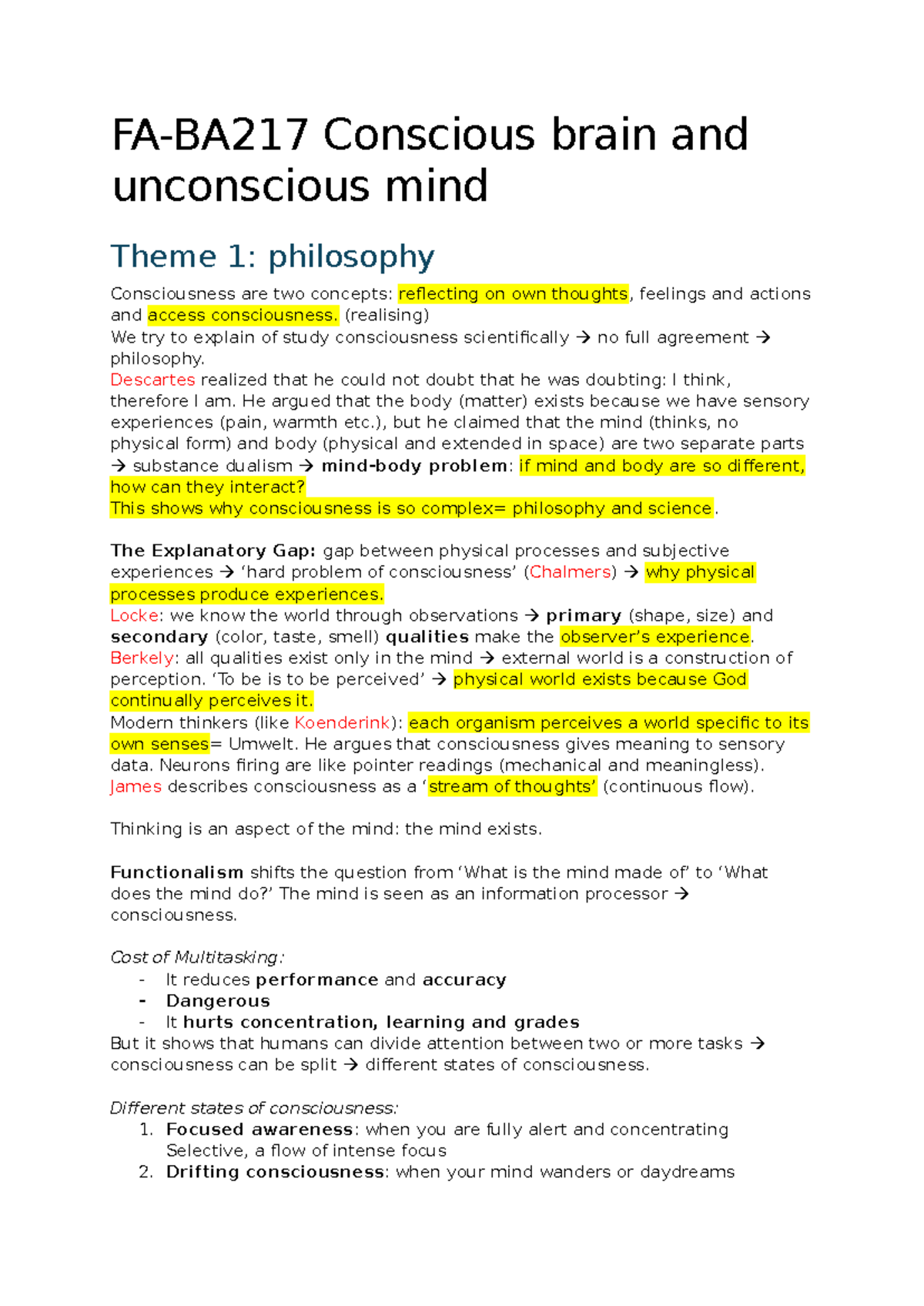 PHI 217: Conscious Brain vs. Unconscious Mind - Key Concepts and ...
