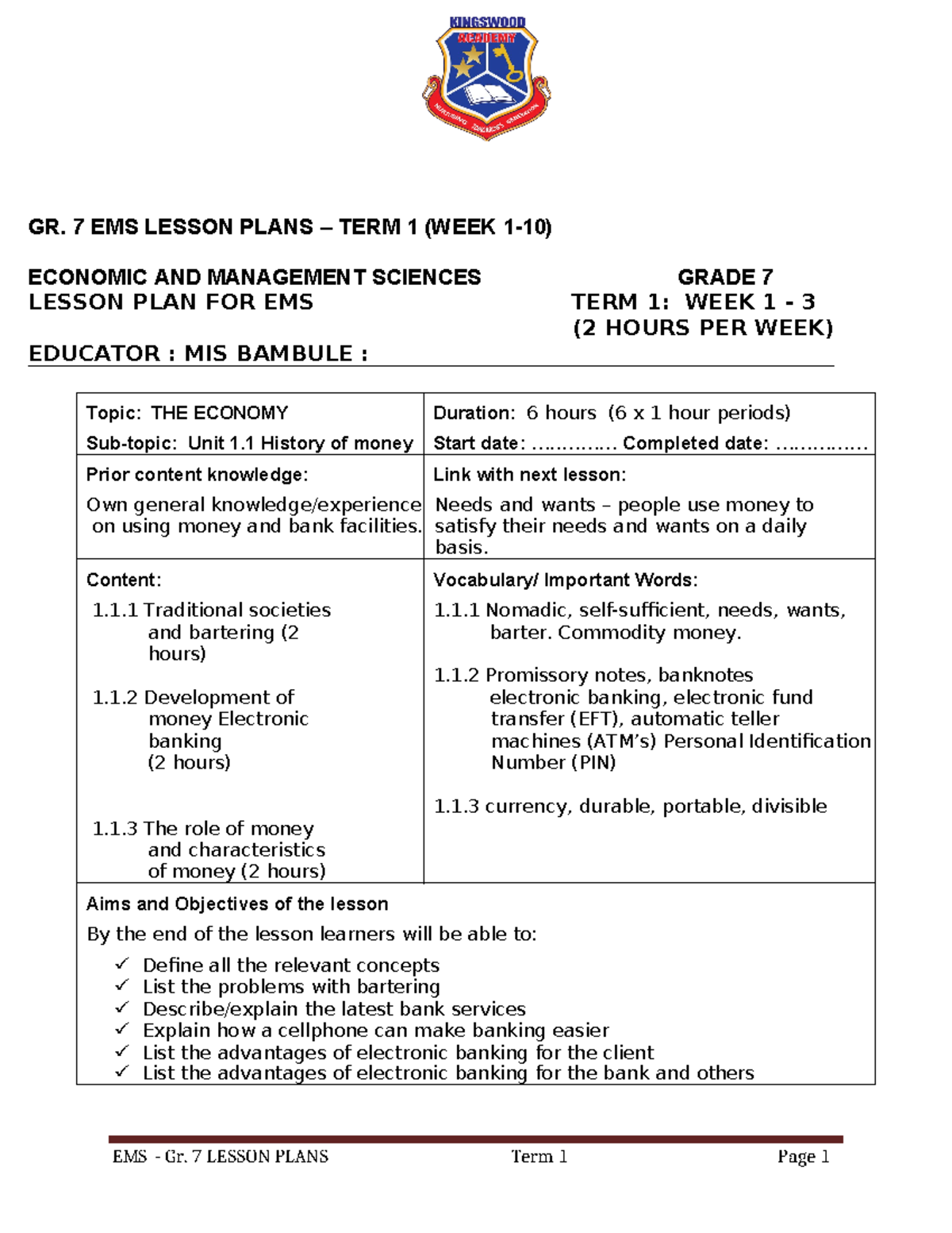 Grade 7 EMS Lesson Plans for Term 1: Topics on Economy and Needs - Studocu