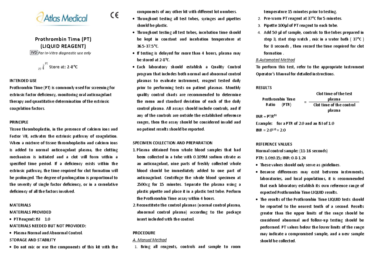 Prothrombin Time (PT) Test Procedure and Quality Control Guidelines ...