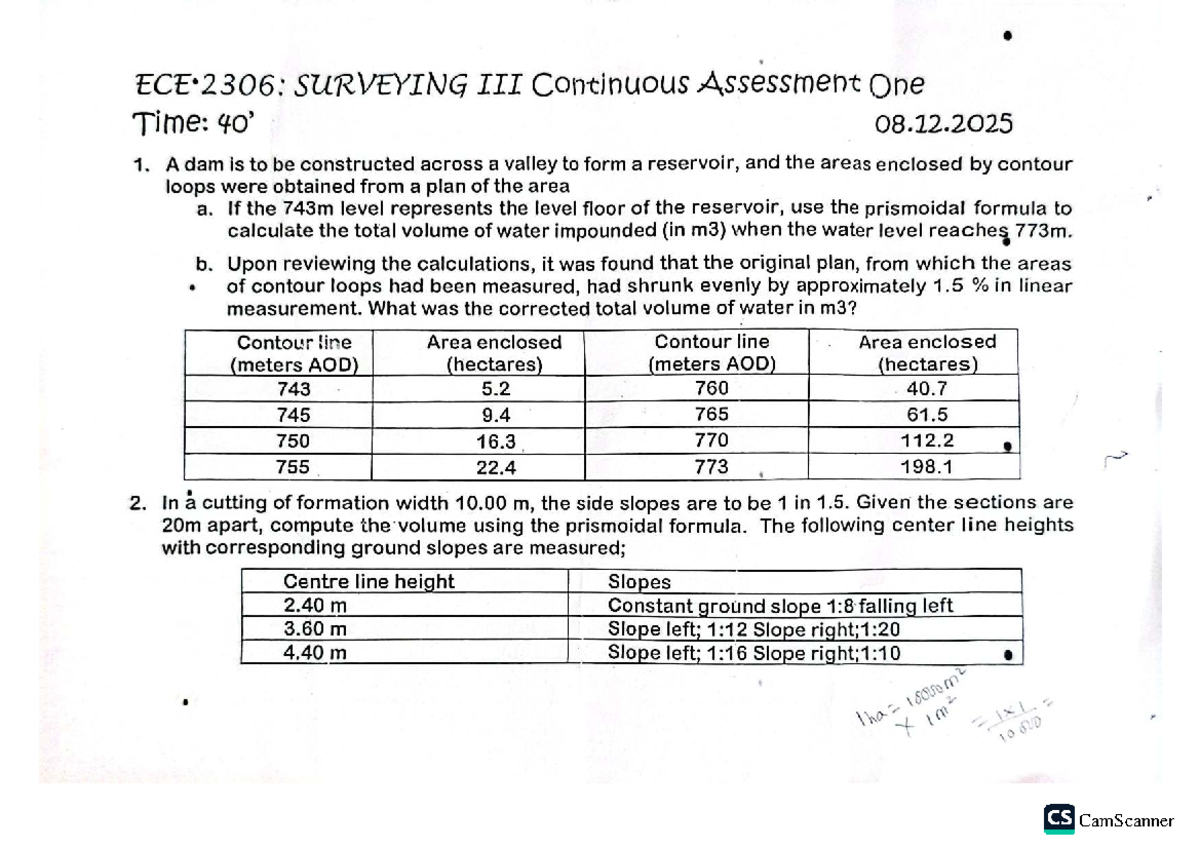 ECE2306: Surveying Continuous Assessment 1 - Volume Calculations - Studocu