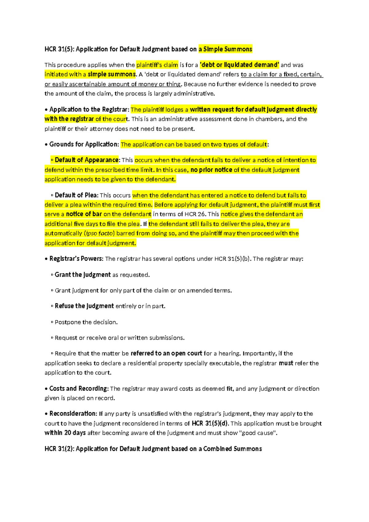 HCR 31 - Default Judgment Application Procedures in High Court - Studocu