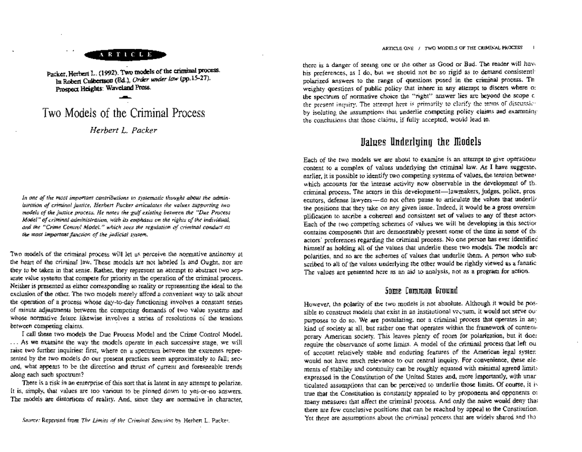 Final Exam Study Guide for Course XYZ: Two Models of Criminal Process ...