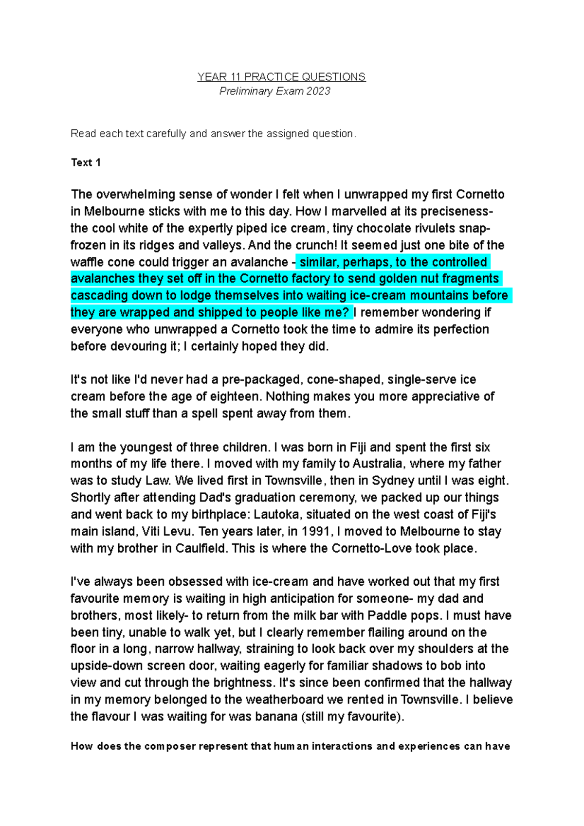 YEAR 11 English Standard Practice Questions - Preliminary Exam 2023 ...