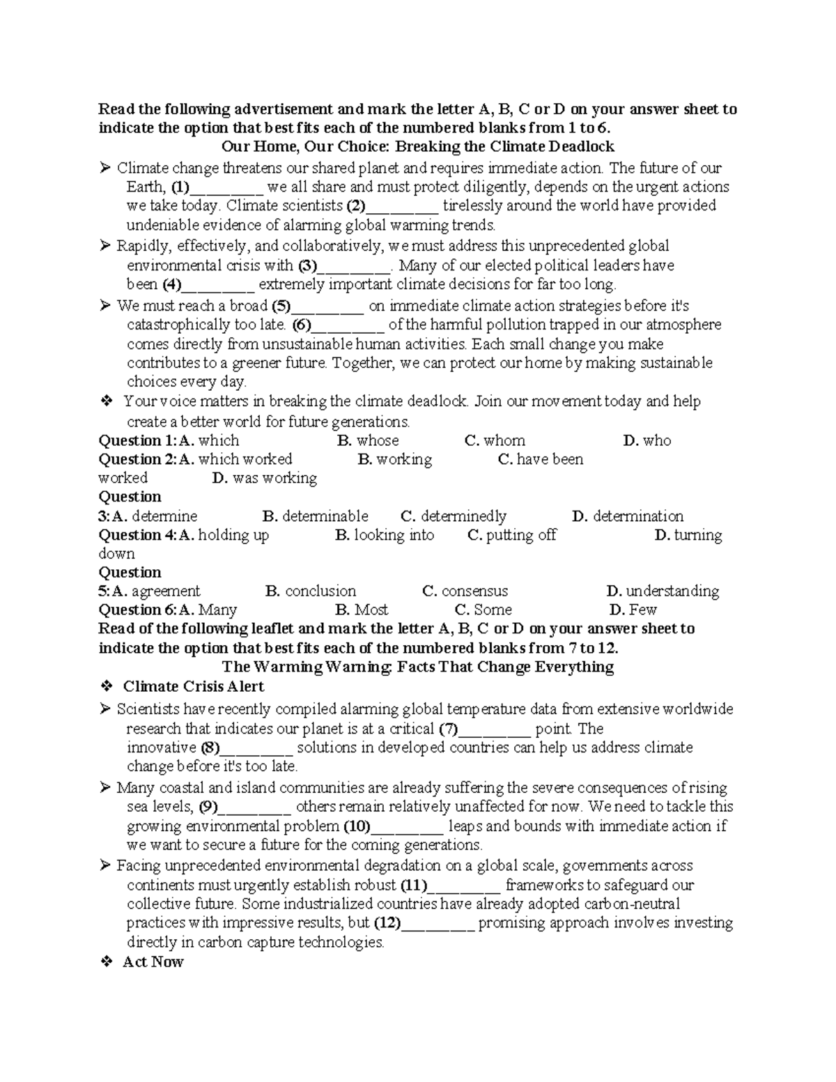 Climate Change Awareness Quiz: Mark A, B, C, or D (ENG 101) - Studocu