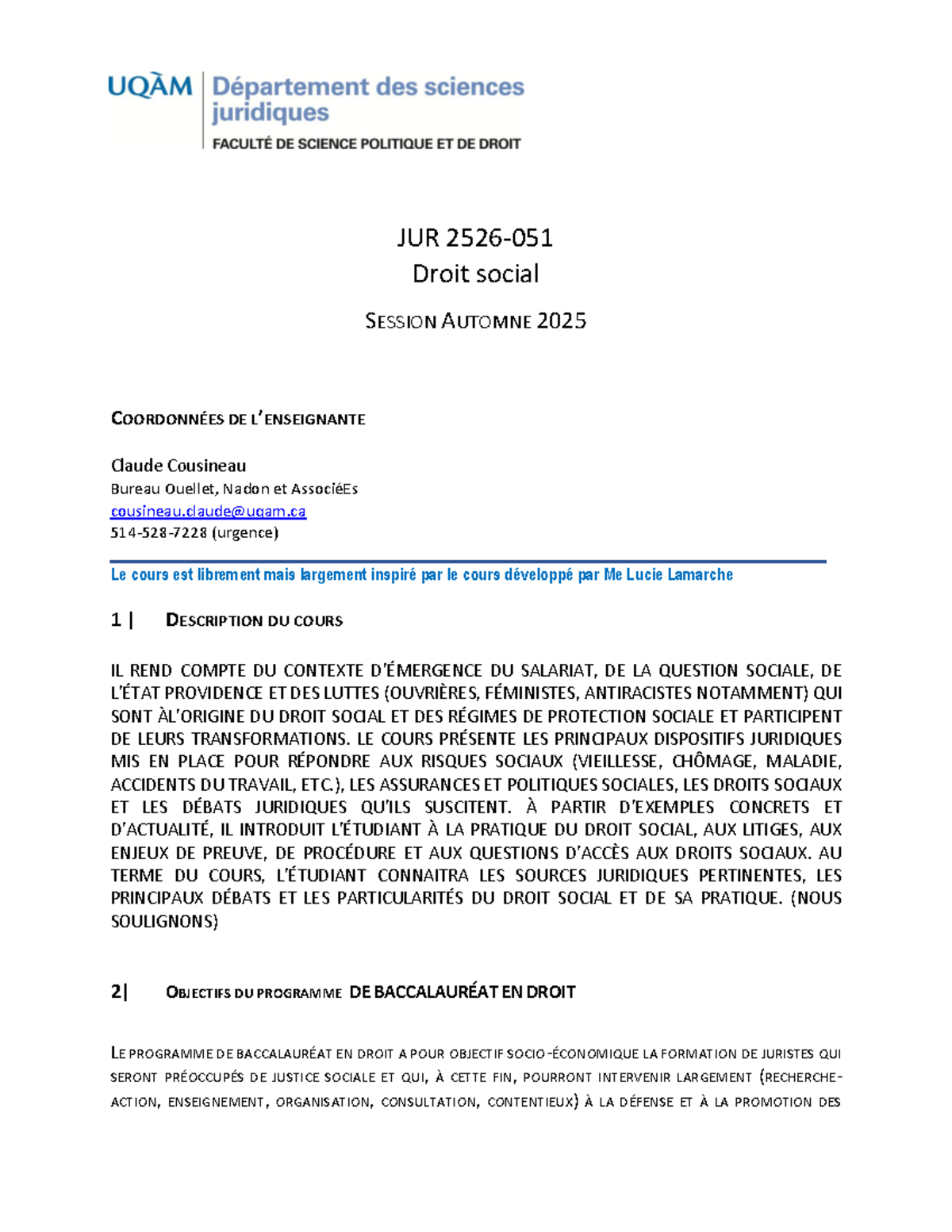 JUR 2526 Droit Social - Plan de Cours Automne 2025 - Studocu