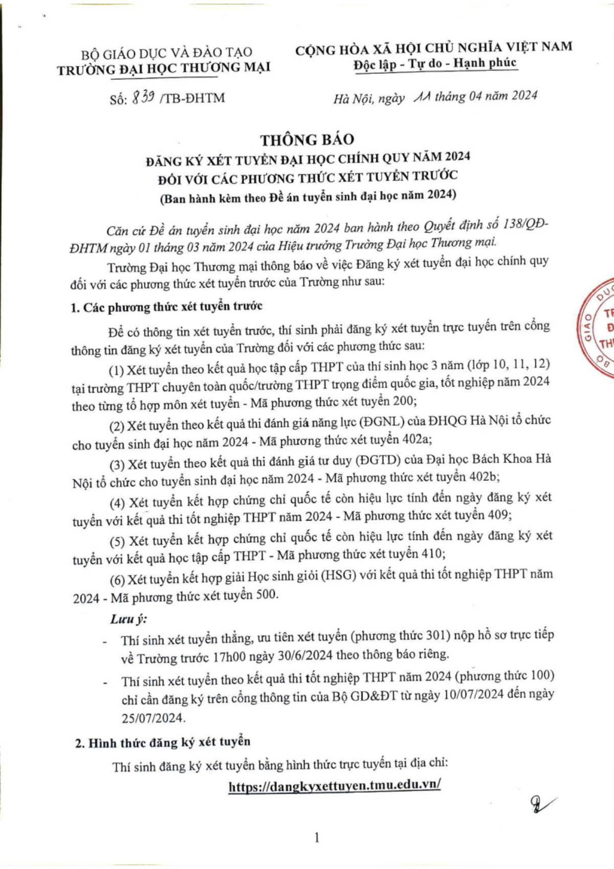 Thông Báo Đăng Ký Xét Tuyển Đại Học Chính Quy Năm 2024 - ĐH Thương Mại ...