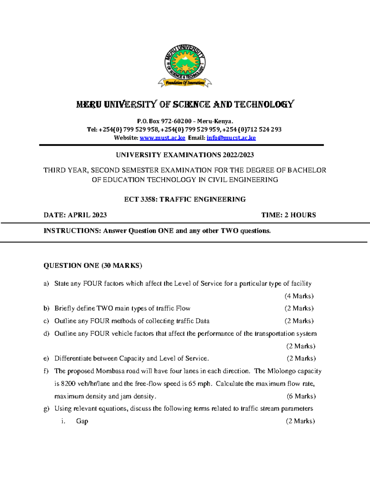 ECT-3358- Traffic- Engineering- (1) - MERU UNIVERSITY OF SCIENCE AND ...