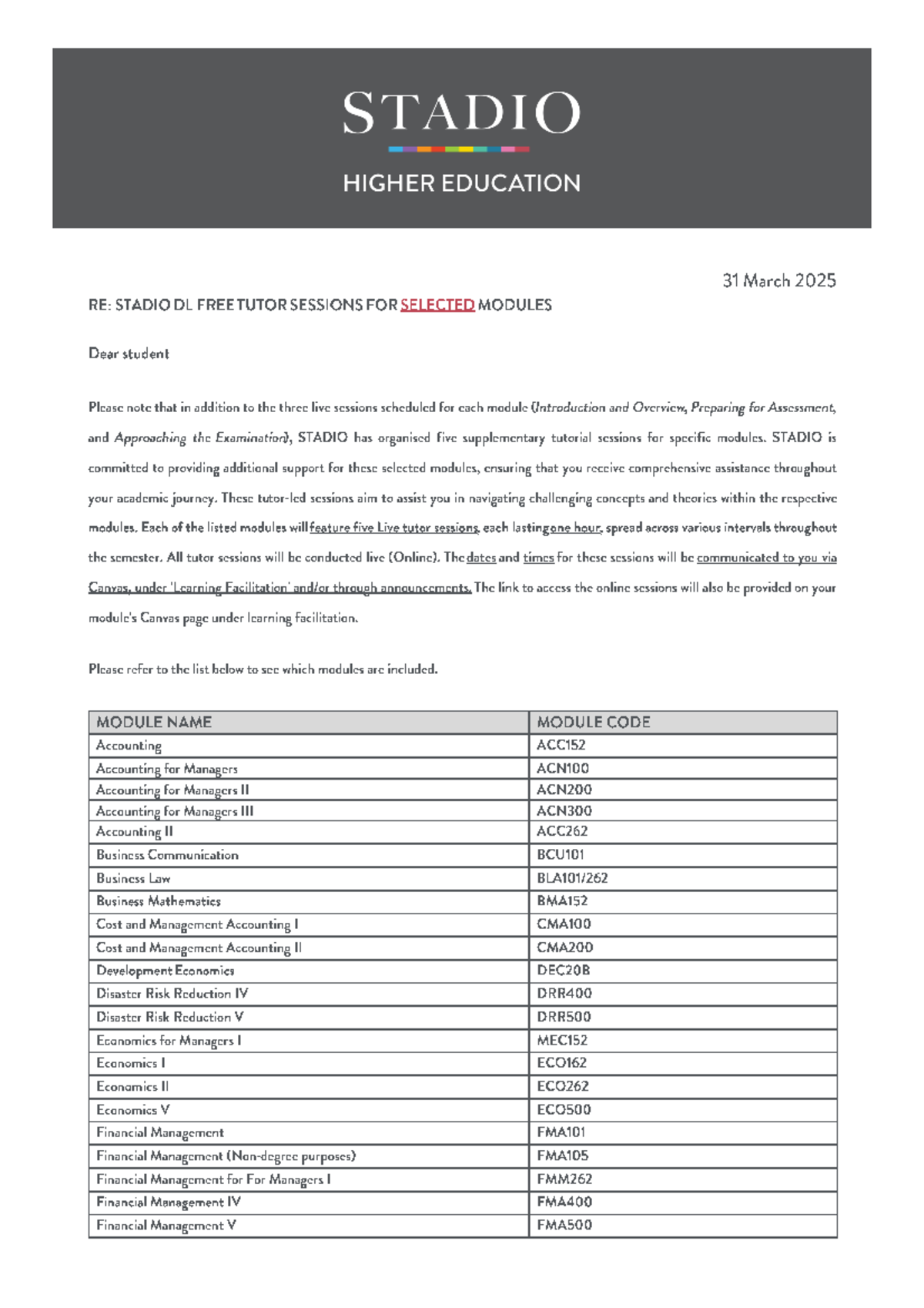Stadio Tutor Sessions for Selected Modules - S1 2025 Update (002) - Studocu