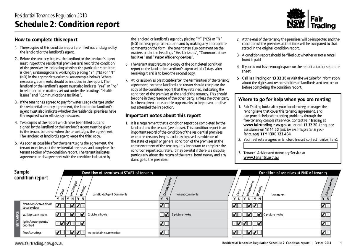 Residential Tenancies Regulation 2010: Completing the Condition Report ...