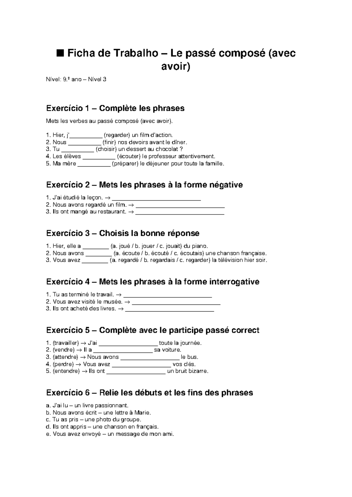 Ficha de Trabalho: Le Passé Composé (Avoir) - 9.º Ano - Studocu